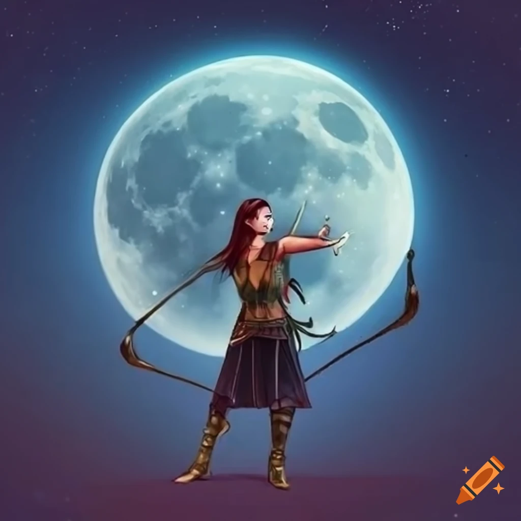 Starry sky with a woman archer aiming at the moon