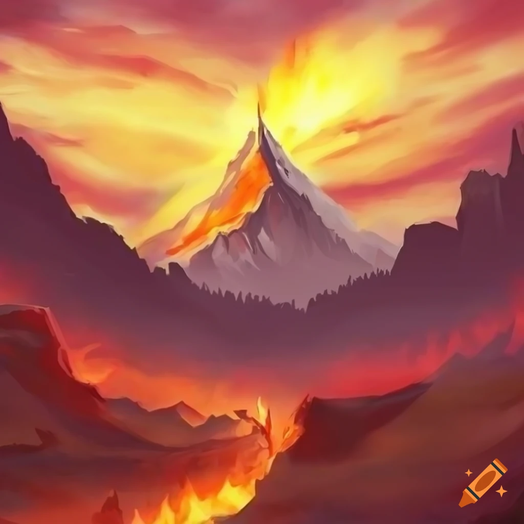 Mountain on fire in a fantasy art style