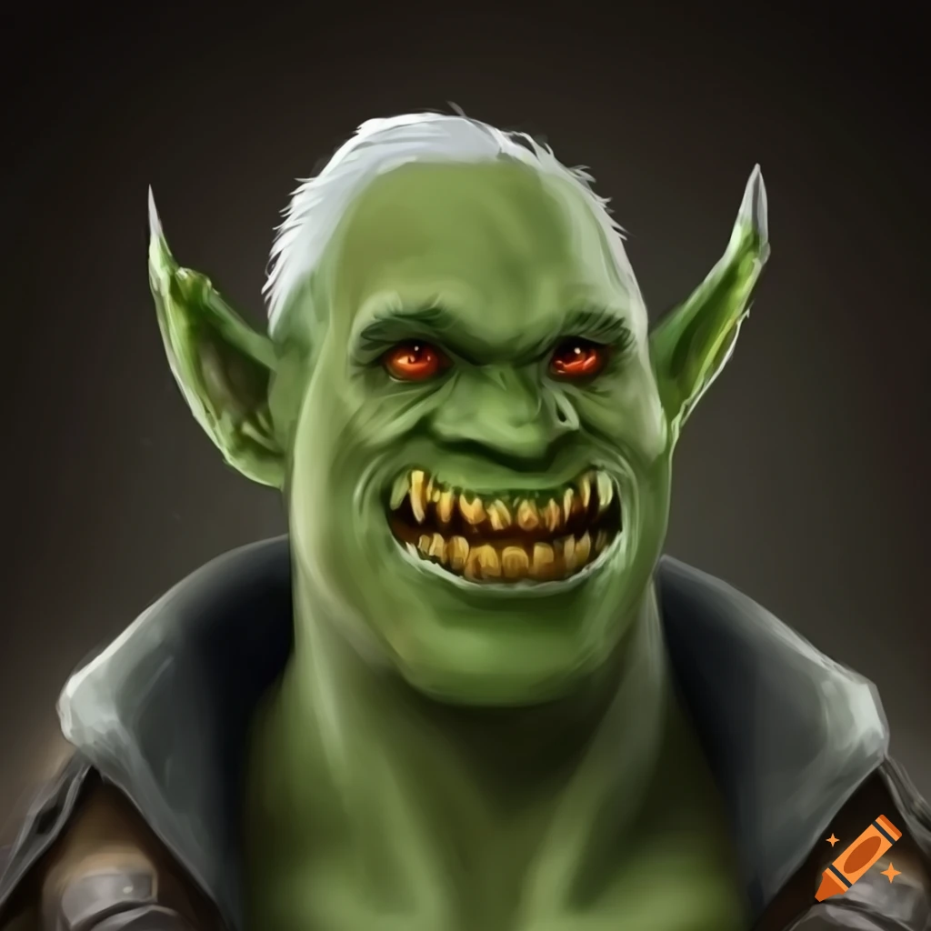 Image of a pale green orc with silver hair and orange eyes