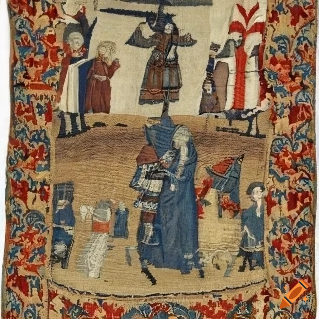 Medieval tapestry depicting joan of arc on a battlefield