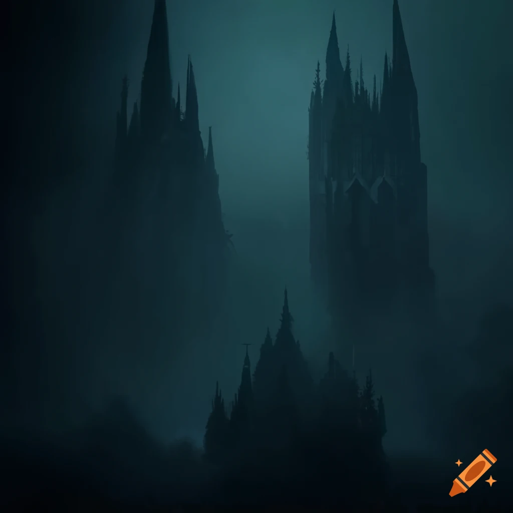 Ethereal scene of floating gothic architecture in mist