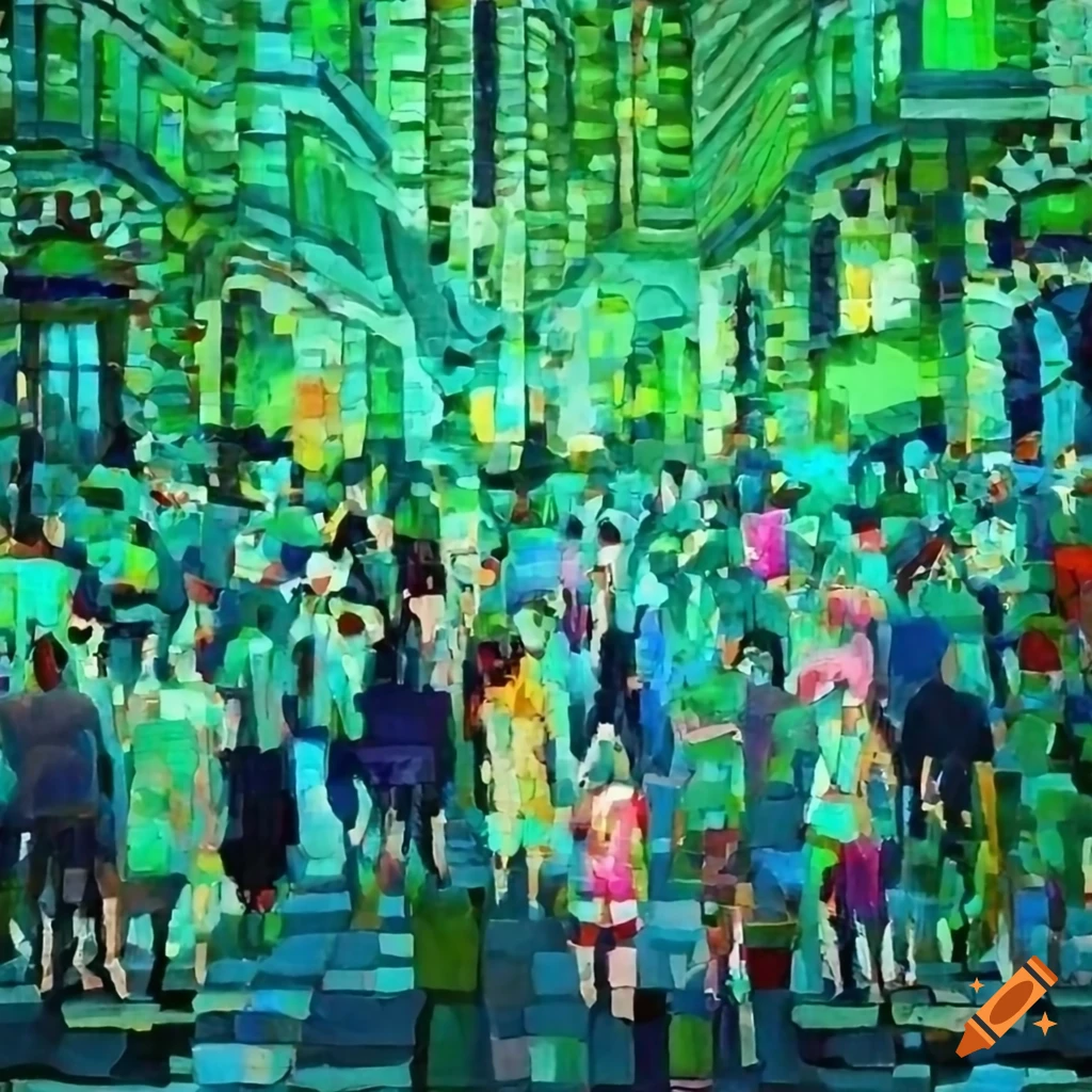 Green abstract mosaic painting of a crowd of people on Craiyon