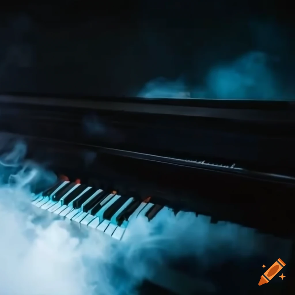 Neon-lit piano keyboard in a smoky warehouse