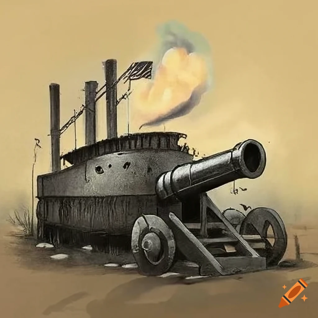 Gray ironclad ship with cannons from american civil war