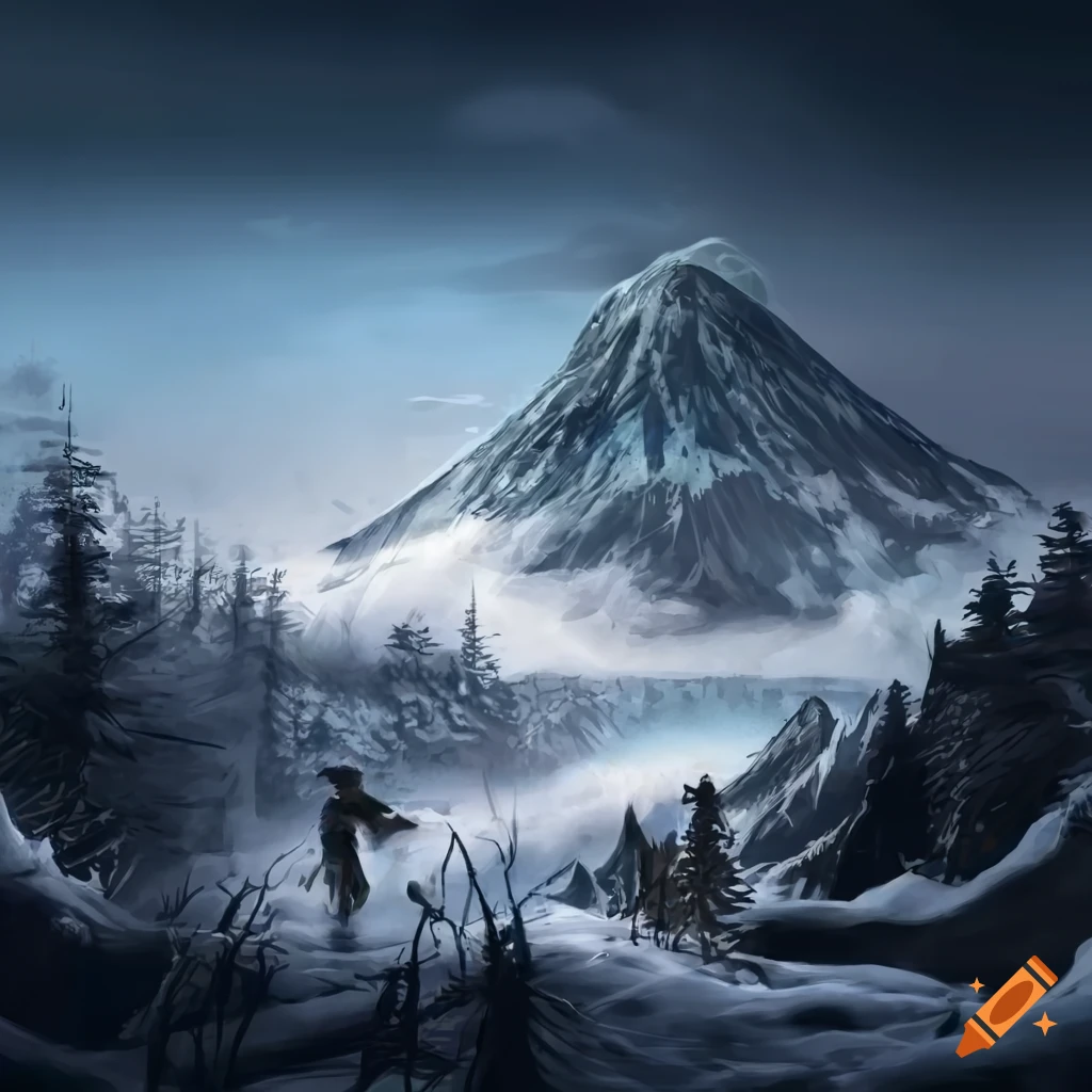 Fantasy portrait of a snowy wilderness and extinct volcano