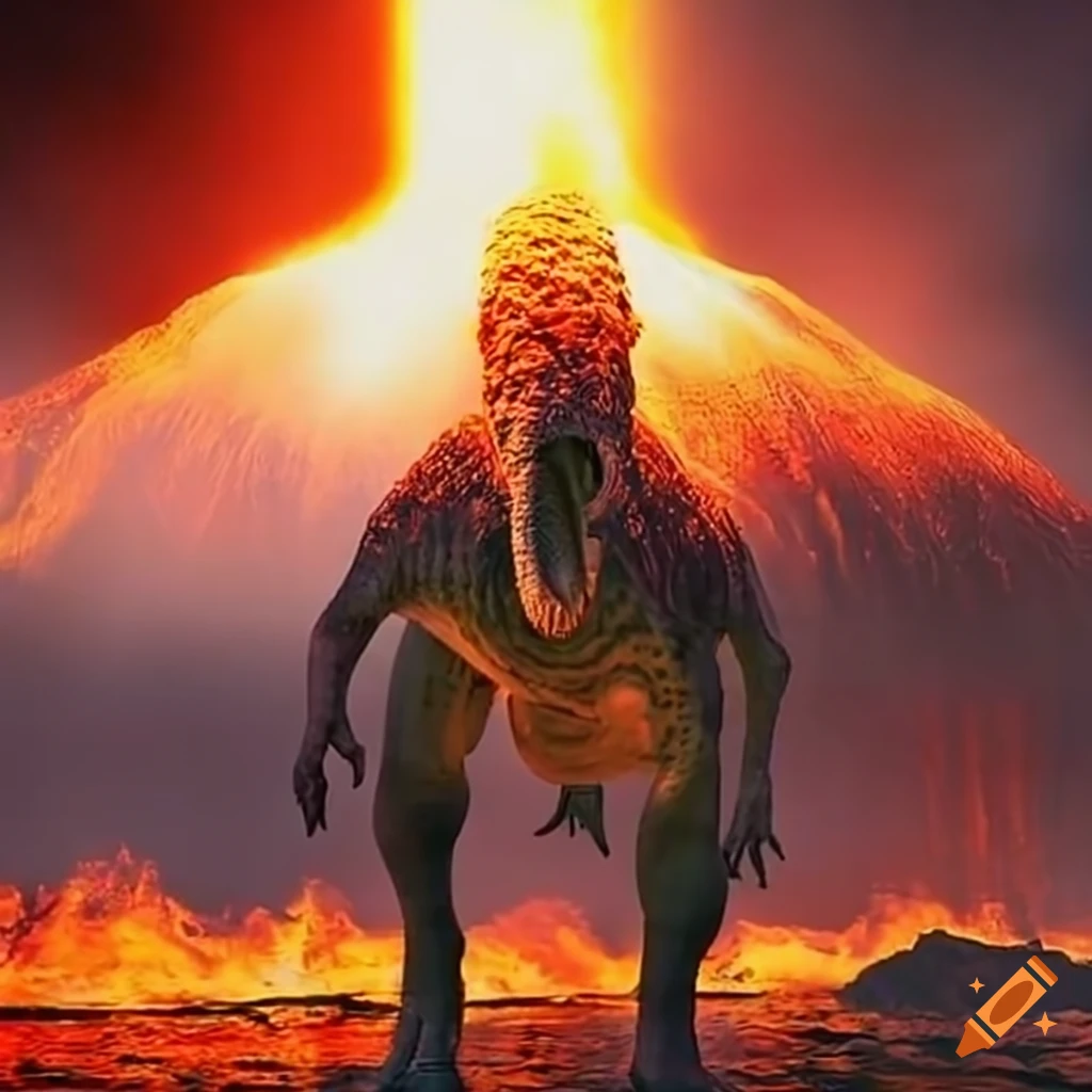 Dinosaur standing boldly in front of explosive eruption on Craiyon