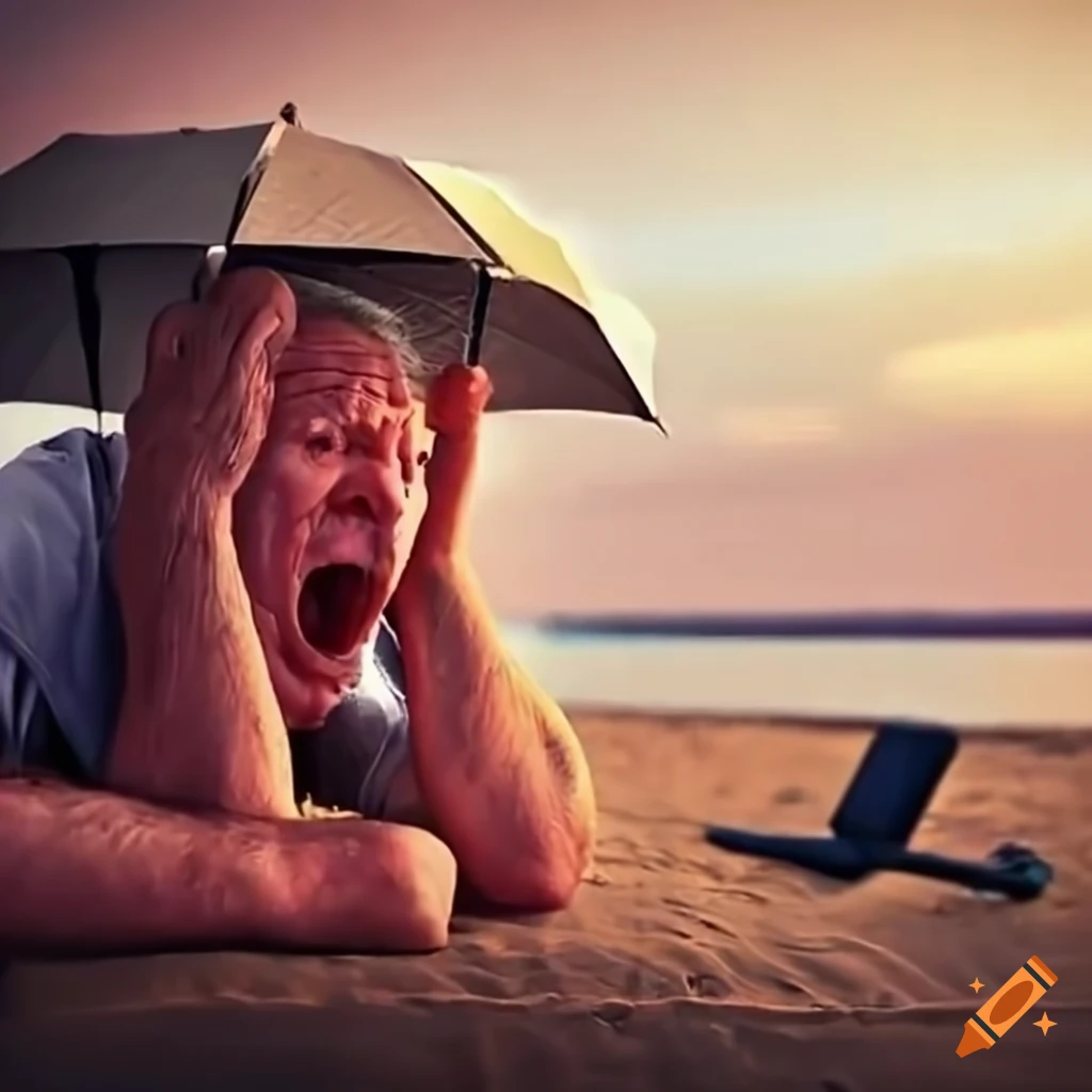 Humorous image of a grumpy man yelling at his phone on the beach on Craiyon