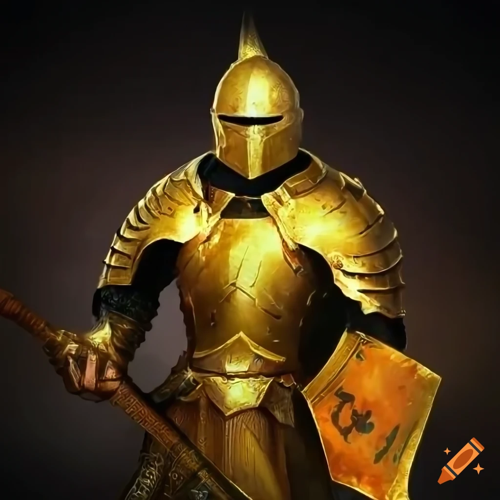Photorealistic depiction of a golden knight with a flaming axe