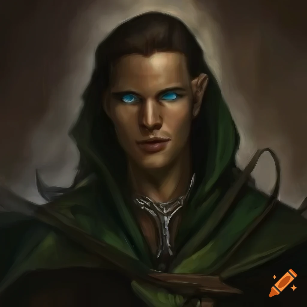 Portrait of a male elf ranger with dark brown hair and blue-green eyes ...