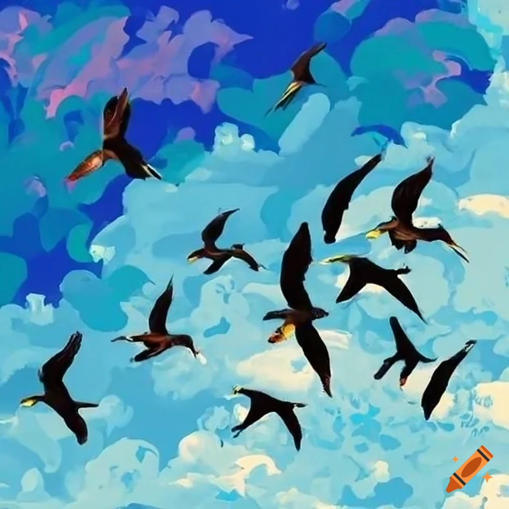 Impressionist painting of birds flying in the sky