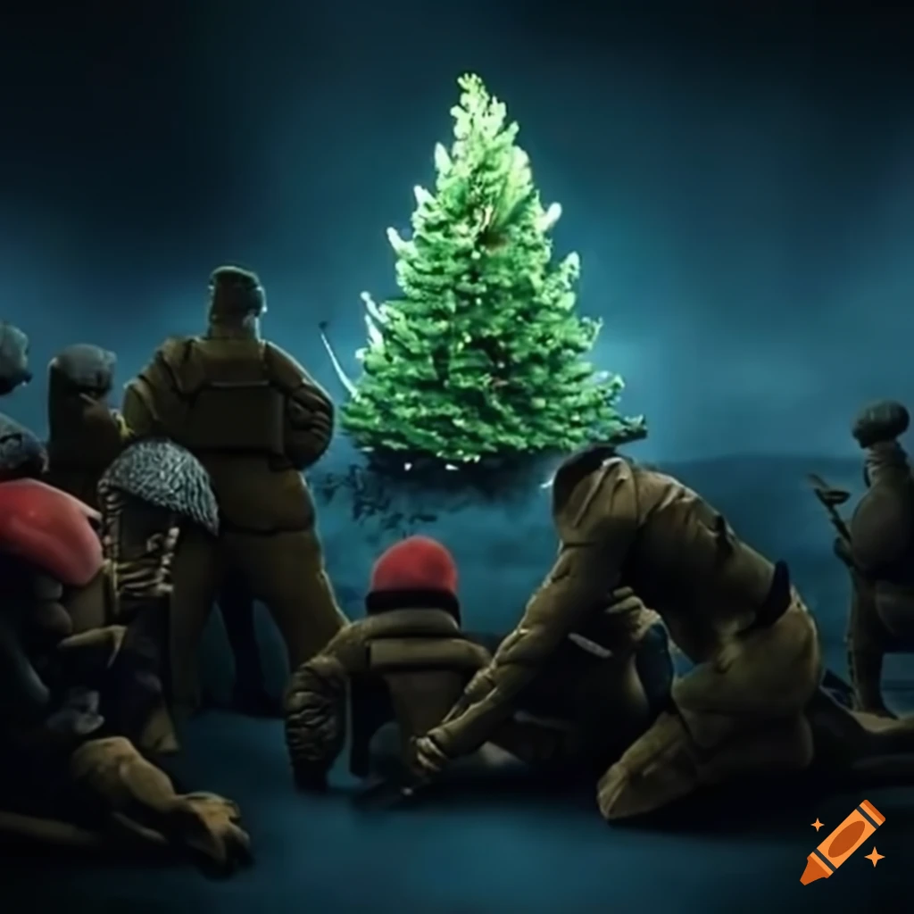 Artwork depicting war scene with christmas tree