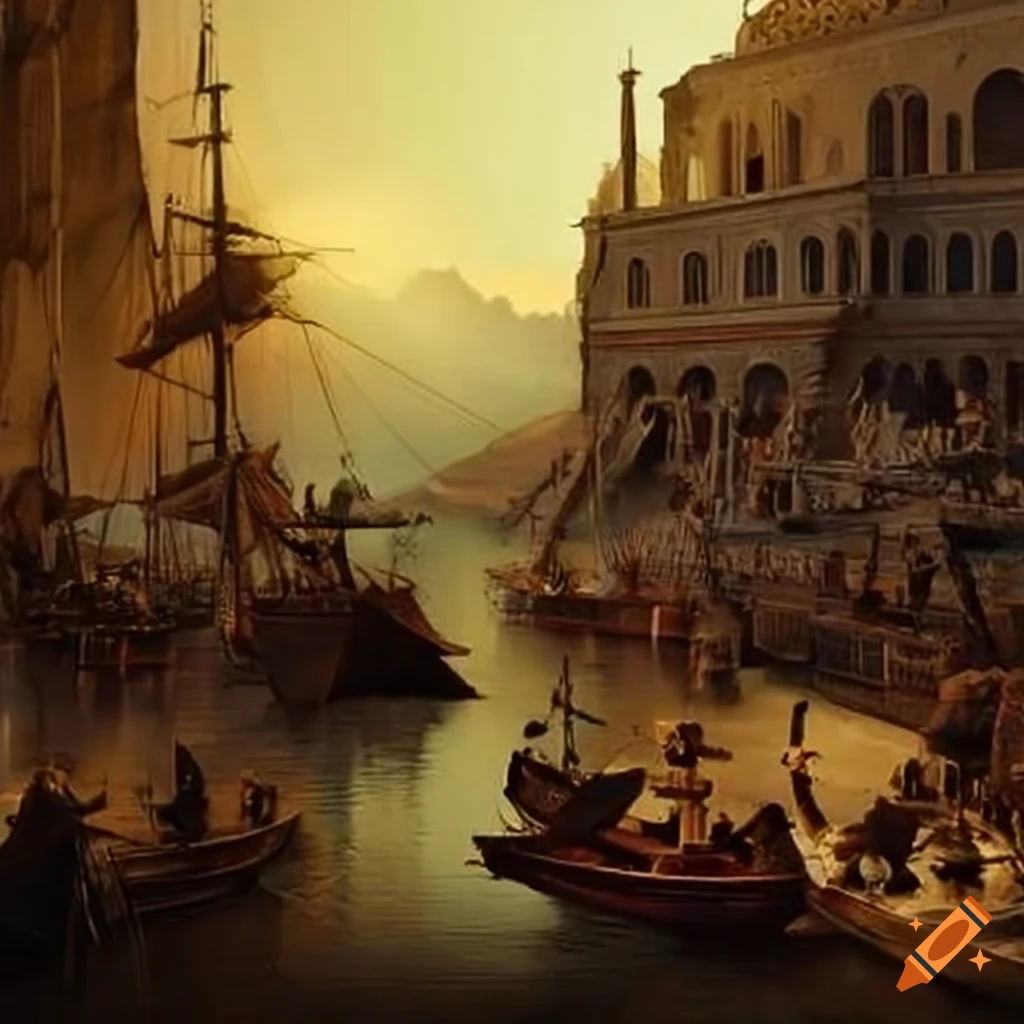 Ancient greek docks bustling with traders