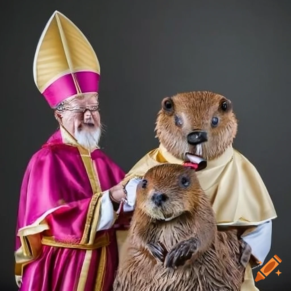 Satirical image of a beaver dressed as pope and parishioners