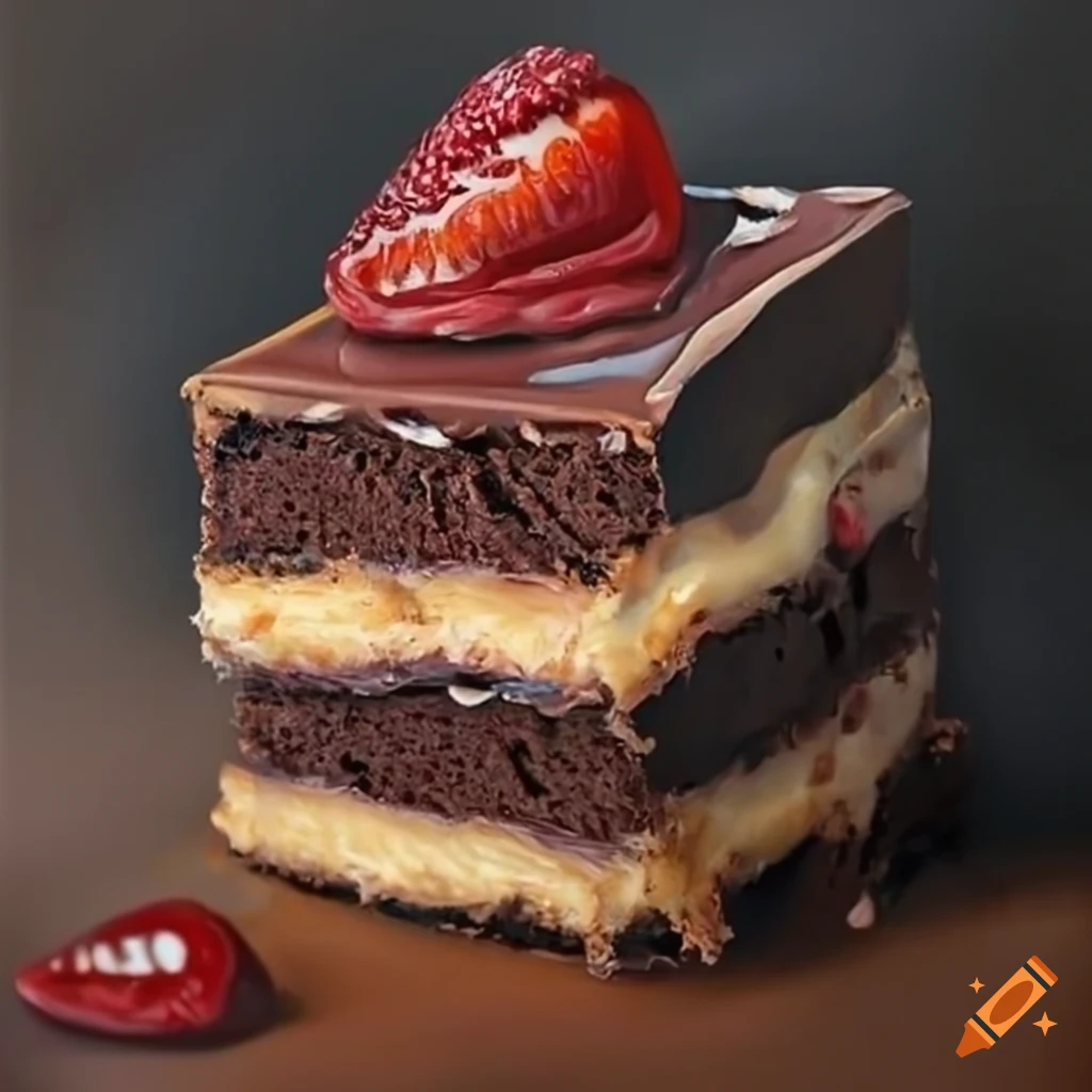 Realistic oil painting of a chocolate cake slice