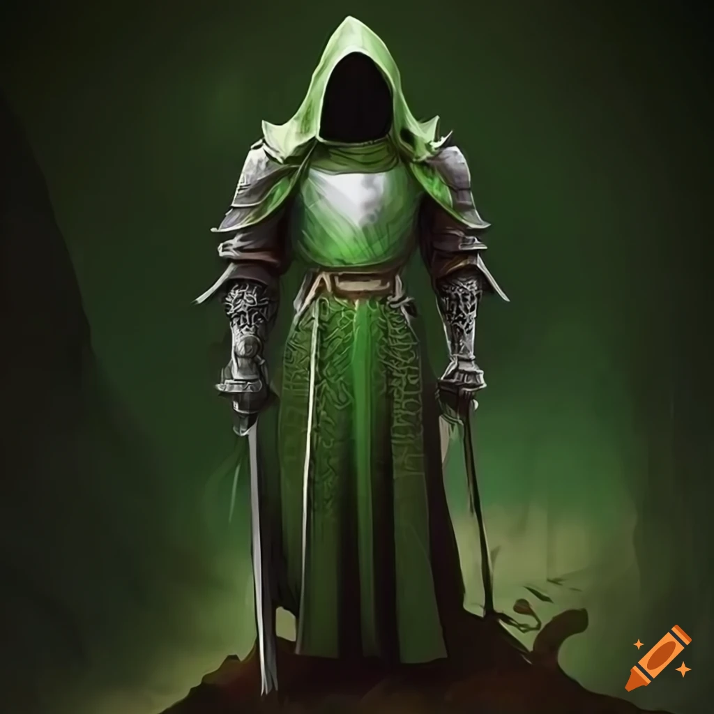 Image of a knight in green armor gazing off a cliff
