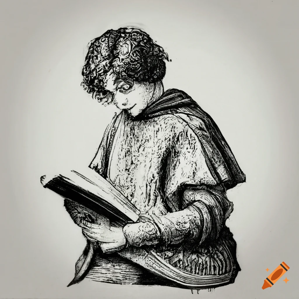 Black and white etching of a young man reading a book on Craiyon