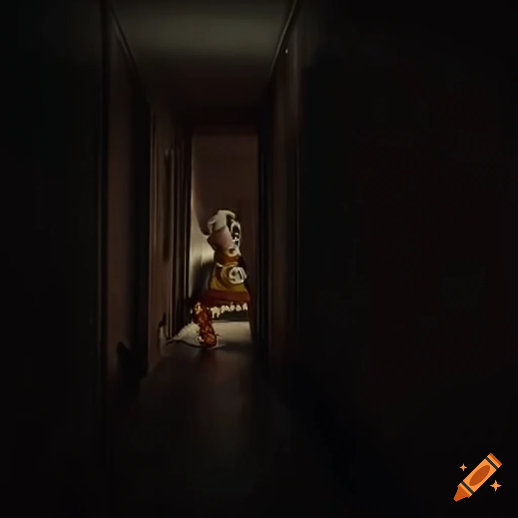 Scary photo of Toy Story Woody in a dark hallway on Craiyon