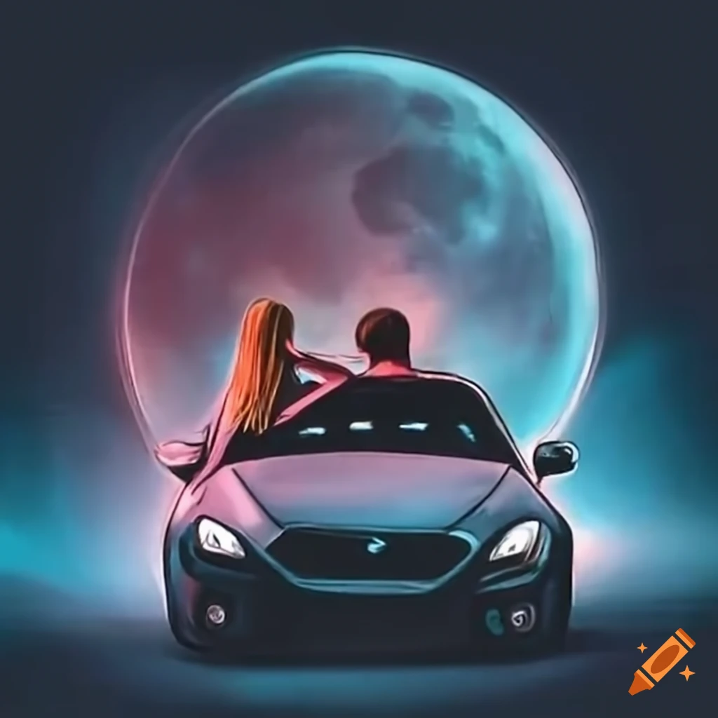 Couple cuddling in a car in front of a cinema