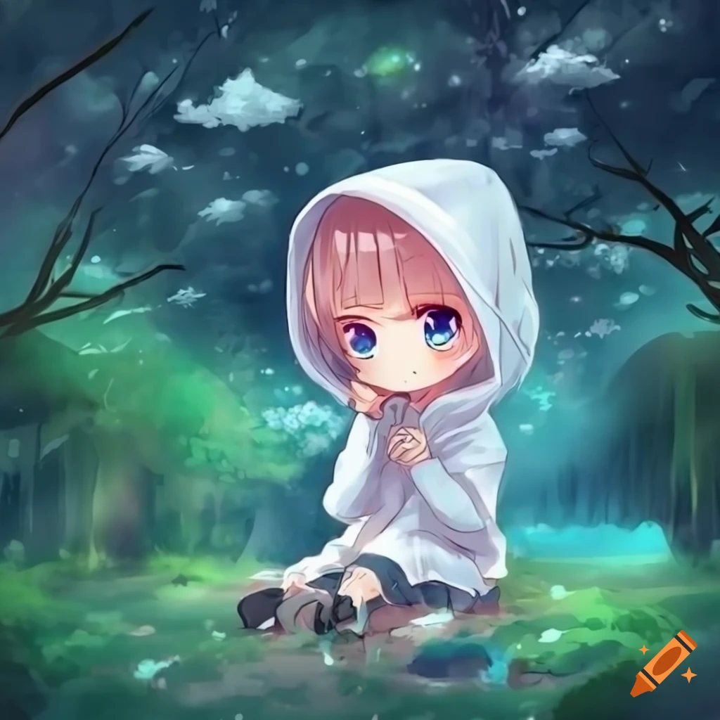 Photo of a magical forest with a chibi anime girl