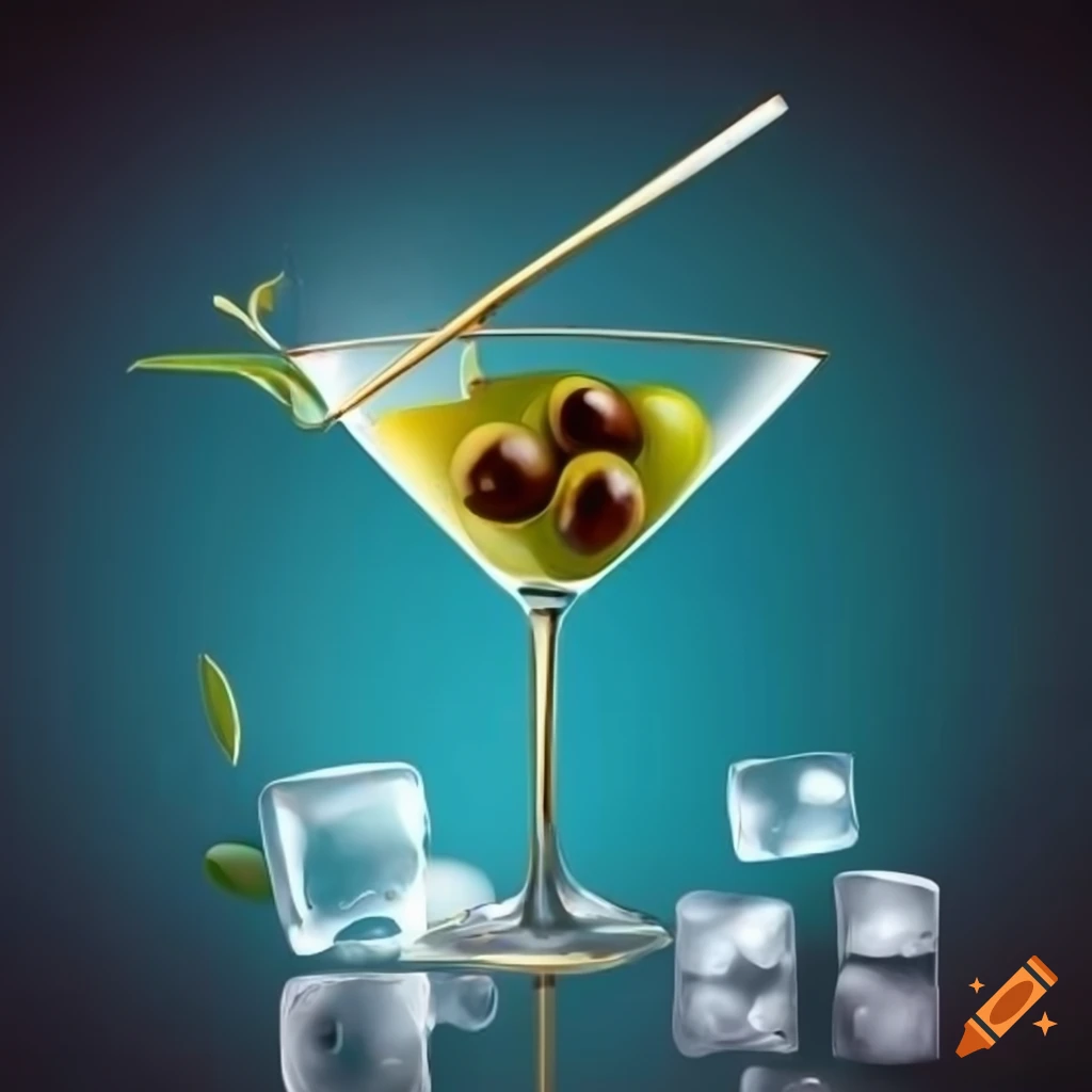Illustration of a martini glass with olives and ice cubes on Craiyon