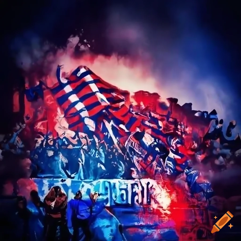 Graffiti sketch of passionate ultras waving flags and flares on Craiyon