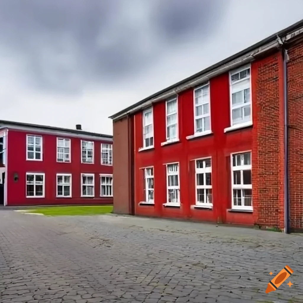 Two-storey school buildings with a grey yard on Craiyon