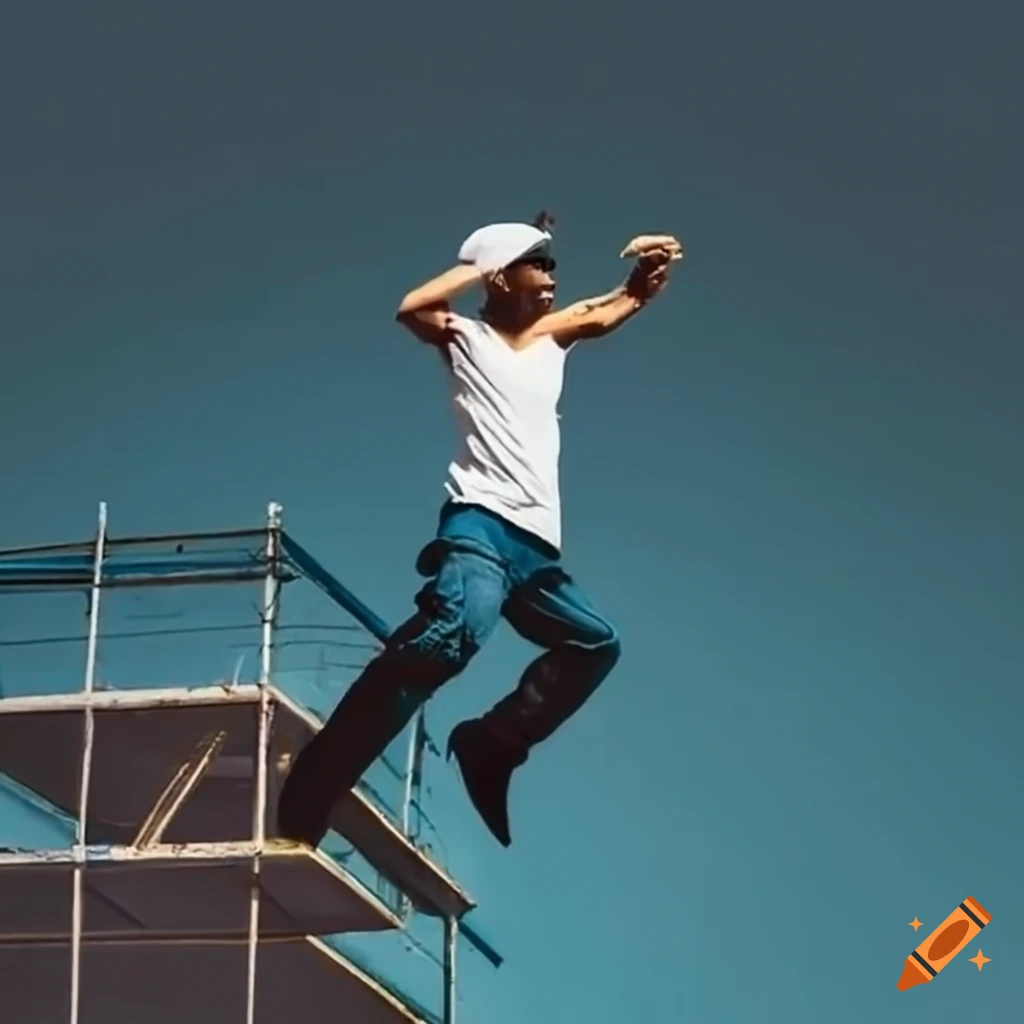 Man in streetwear jumping from rooftop to building scaffolding on Craiyon