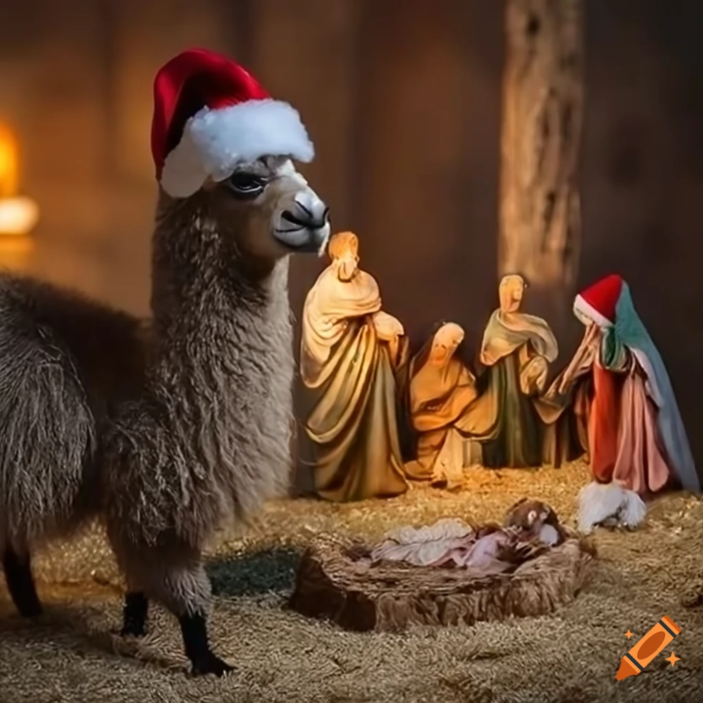 Llama with santa hat in nativity scene