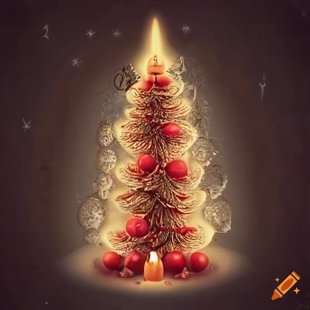 Vintage-style prints of ornate christmas trees with classic decorations