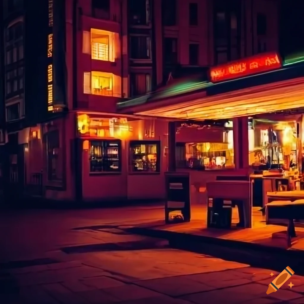 Vibrant night view of a city corner with a gas station and restaurant