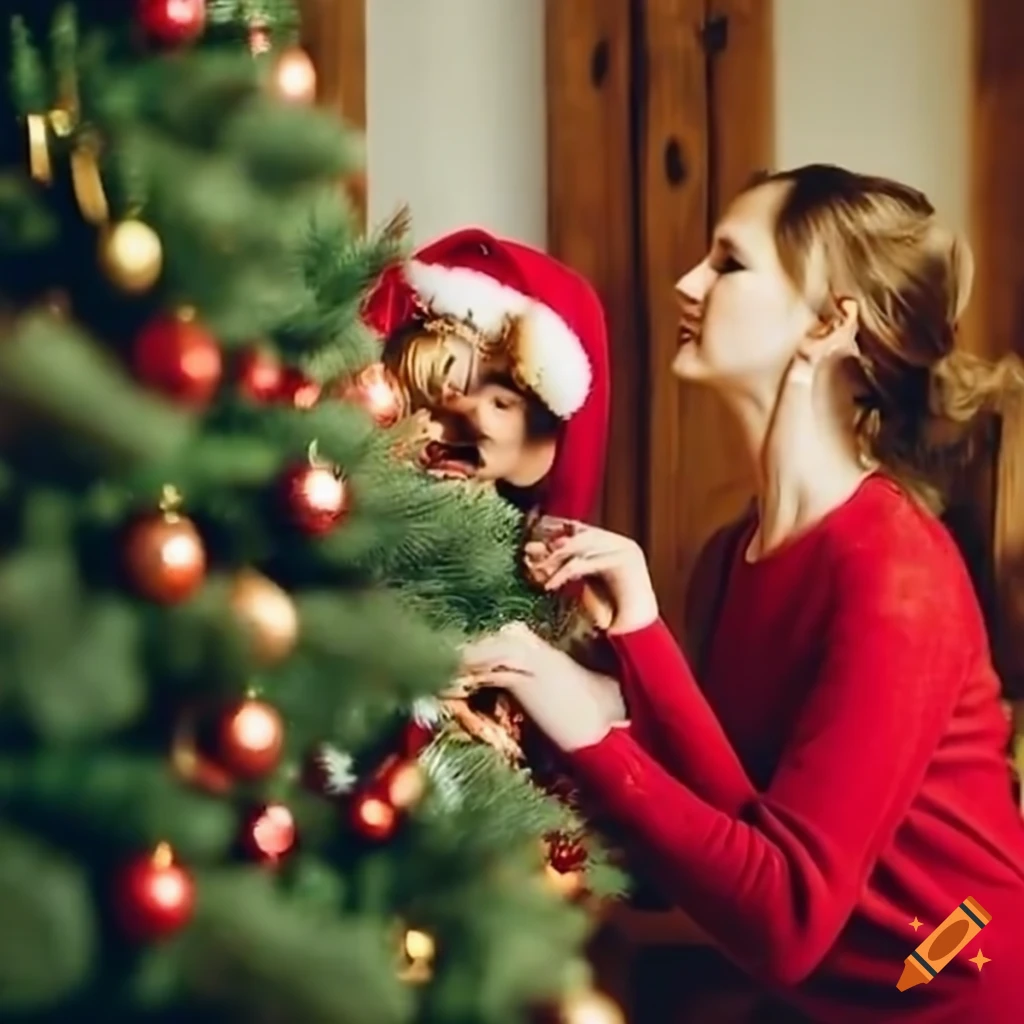 Family decorating a christmas tree
