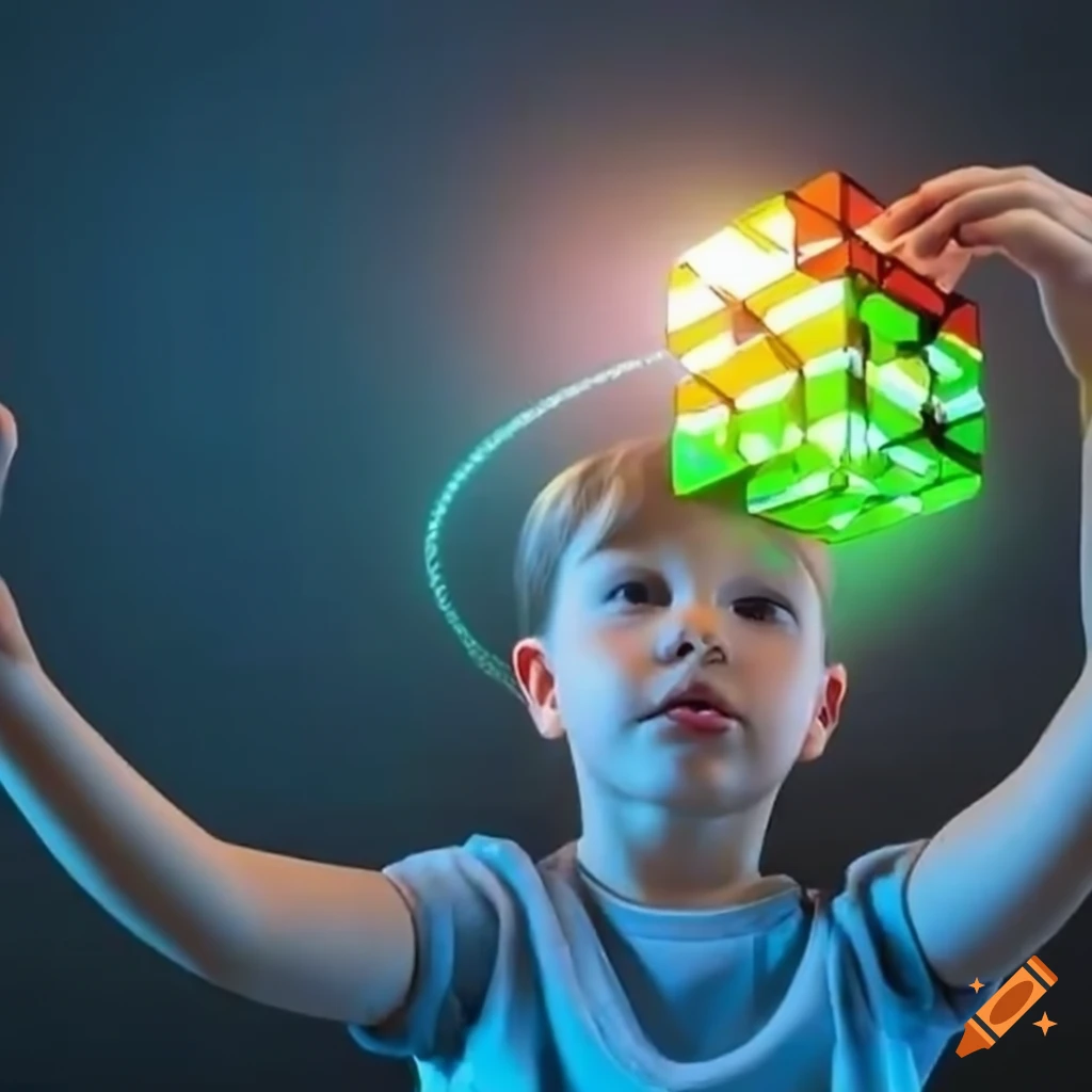 Bright image of a child solving a glowing rubix cube on Craiyon