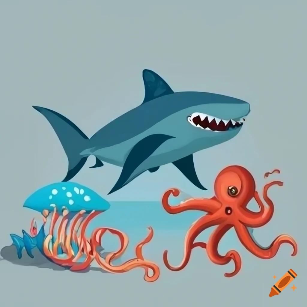 White background with sharks and octopus