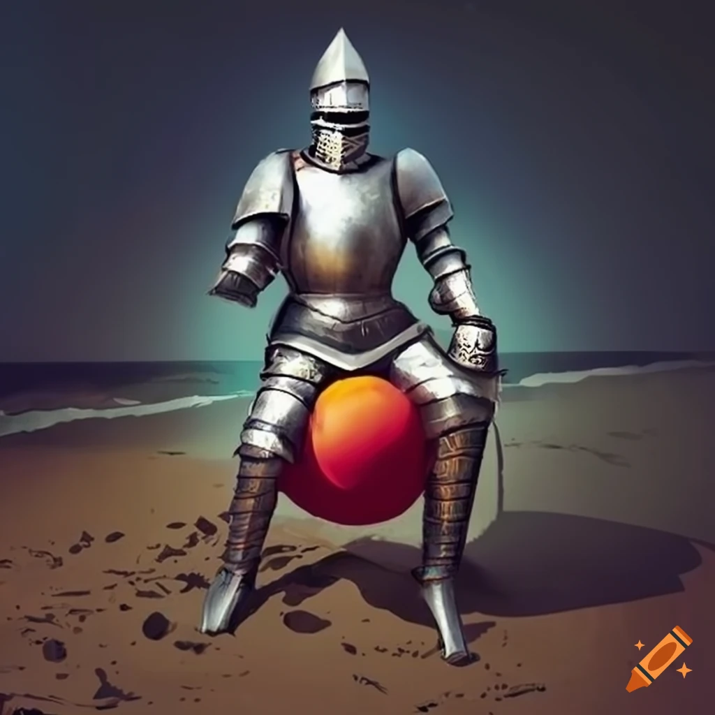 Knight in armor sitting on a beachball