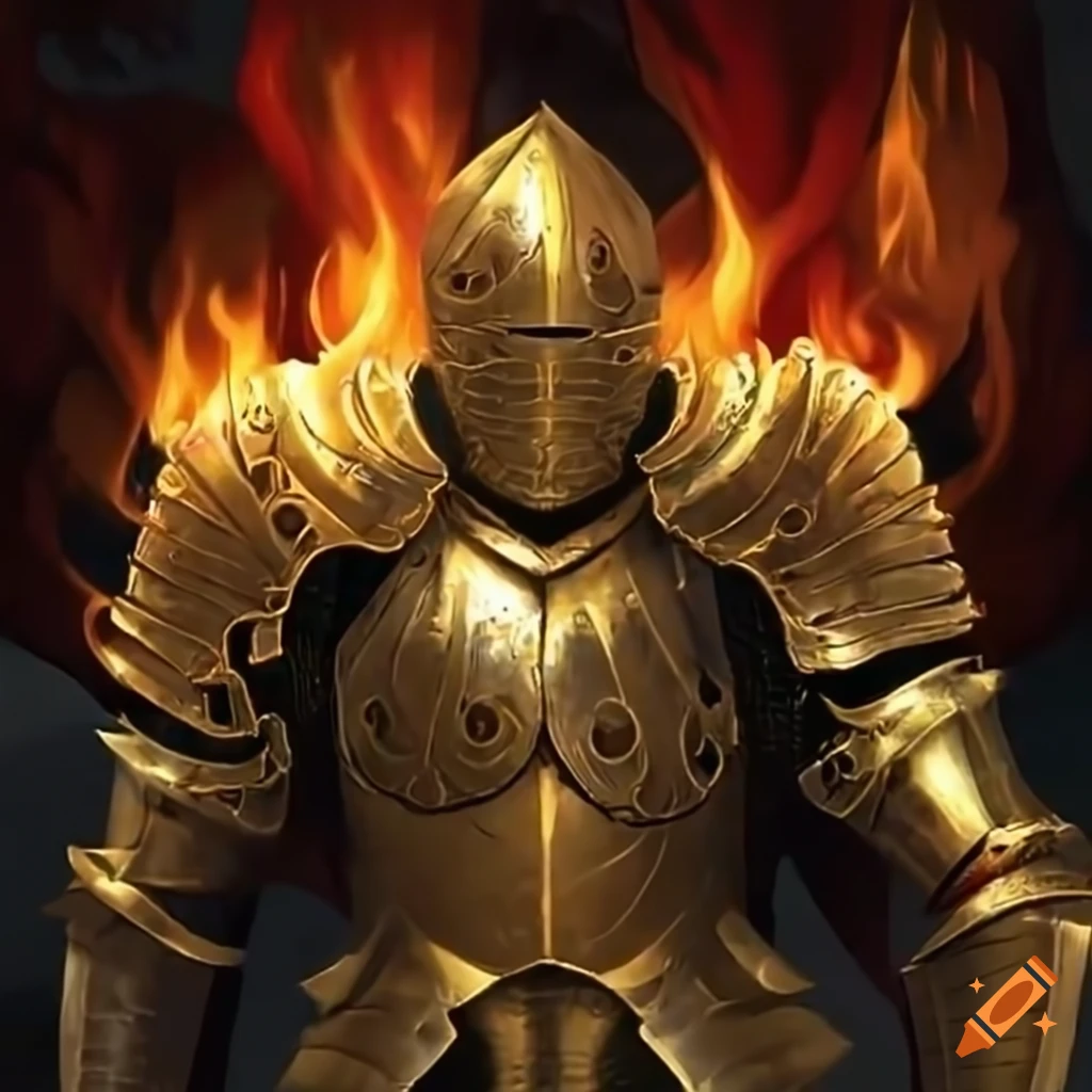 Epic golden knight holding fire in hand on Craiyon