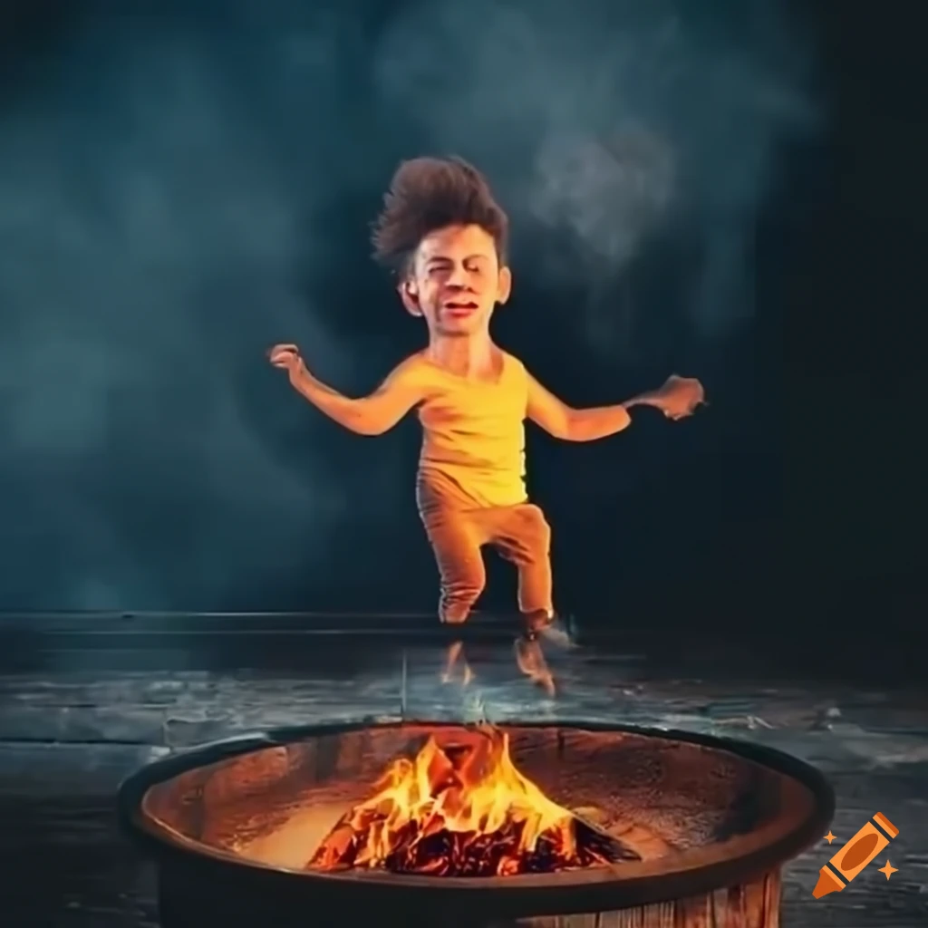 Bearded man dancing around a fire pit