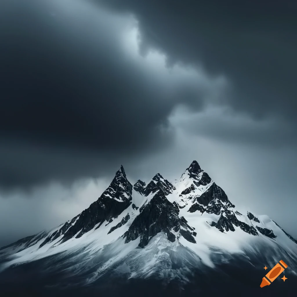 Photograph of snowy mountains and storm clouds on Craiyon