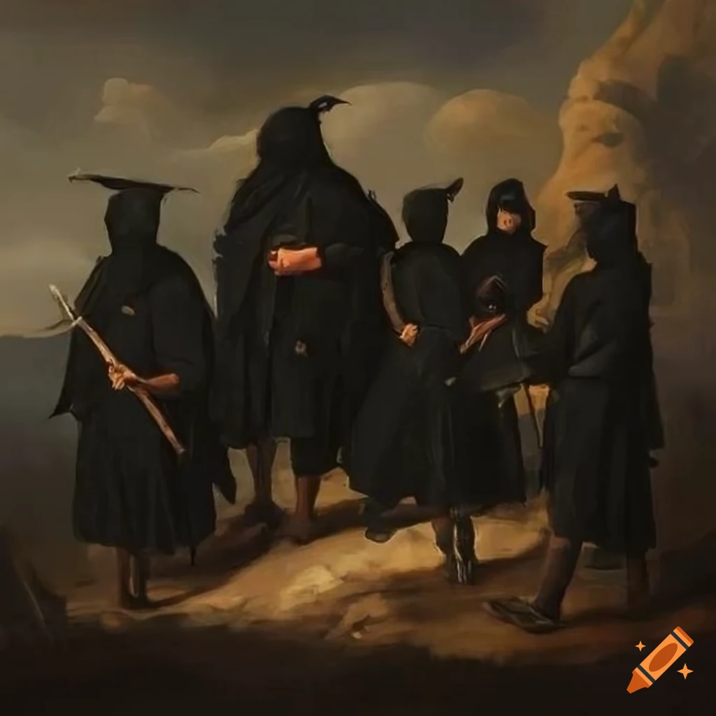 Painting of soldiers in black cloaks with bird masks