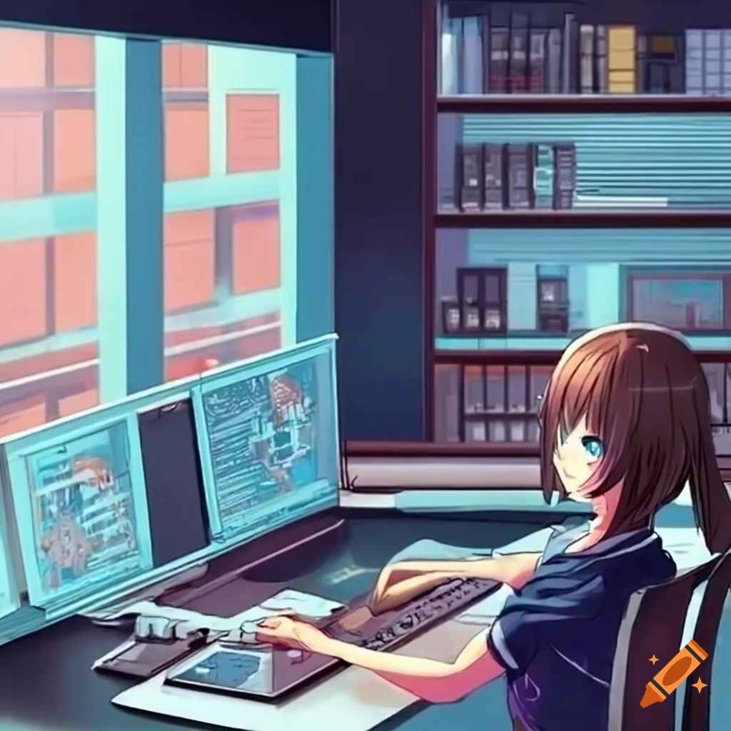 Anime girl working on computer in office