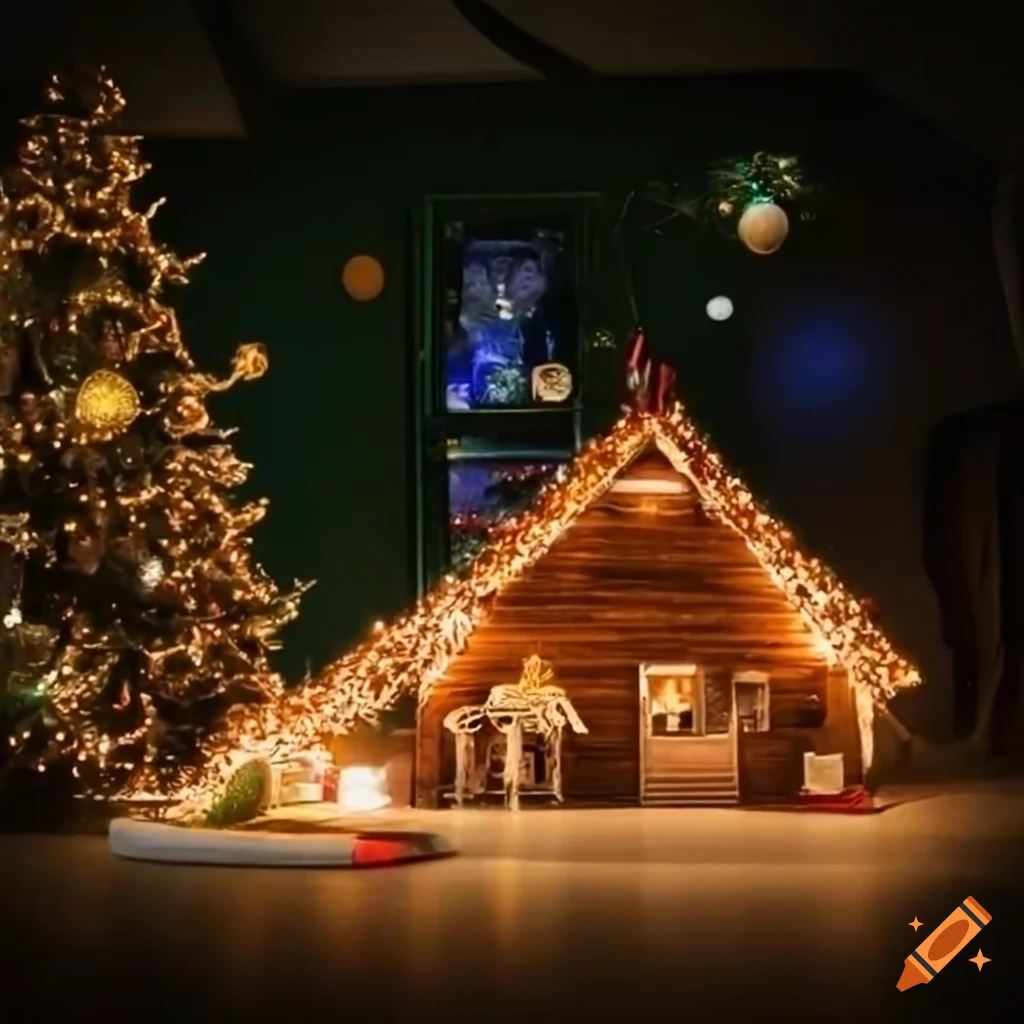 Festive cabin with christmas decorations and slot car race track