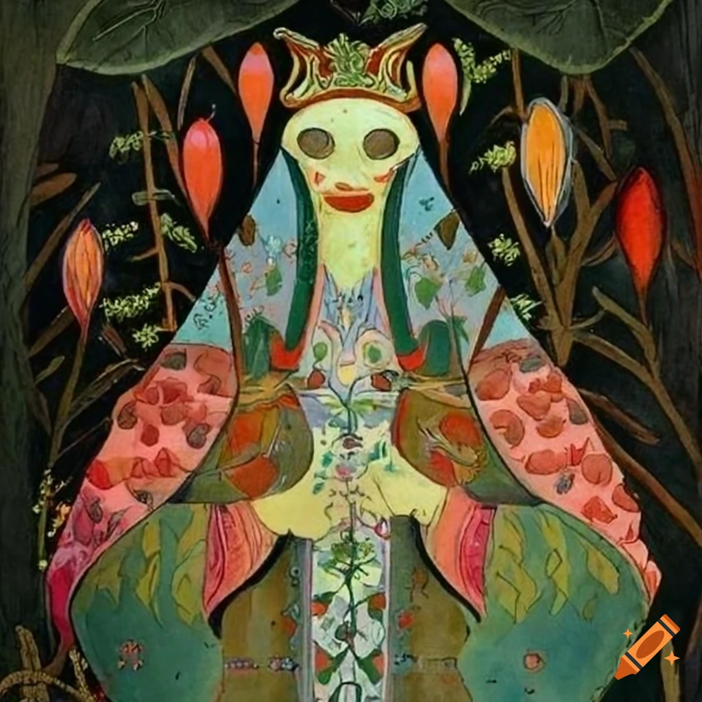 Illustration of a smiling curandera in mystic dress on Craiyon