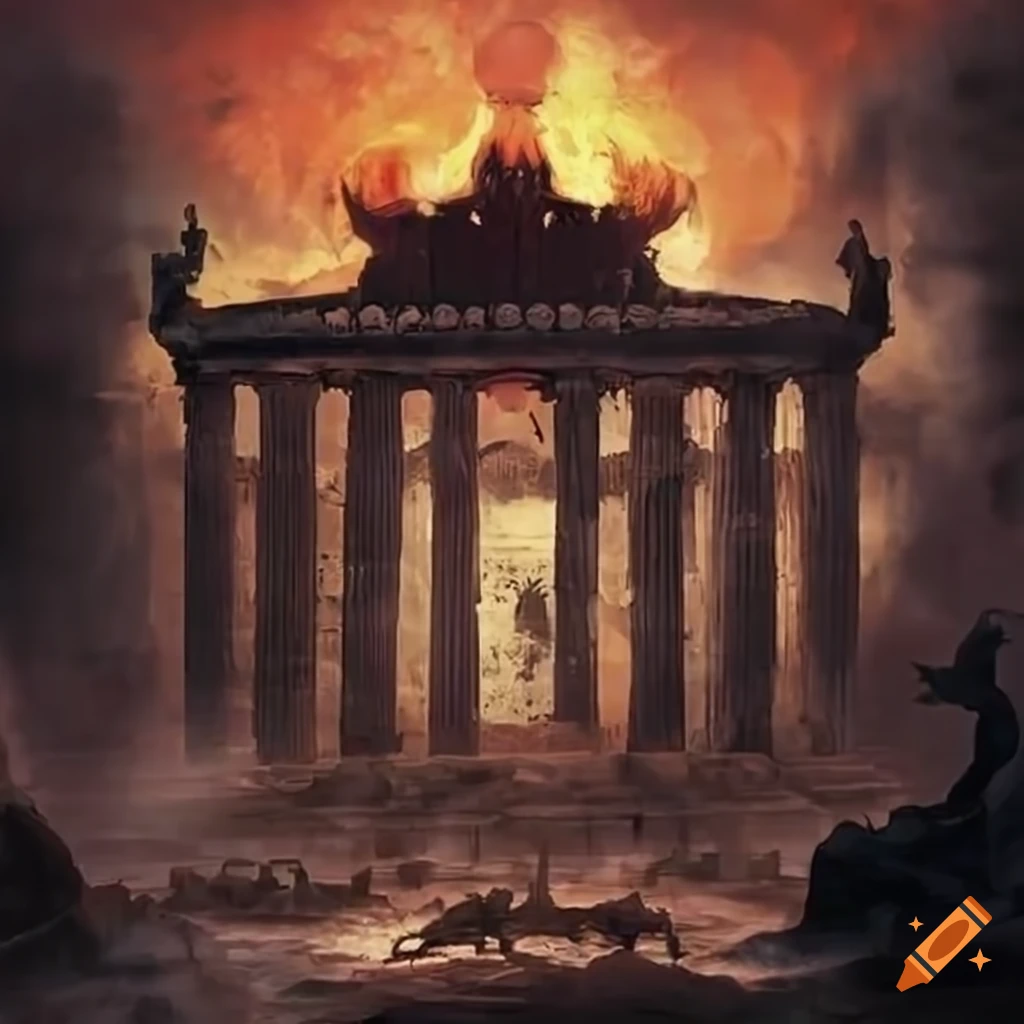 Dark greek temple in a hellish setting