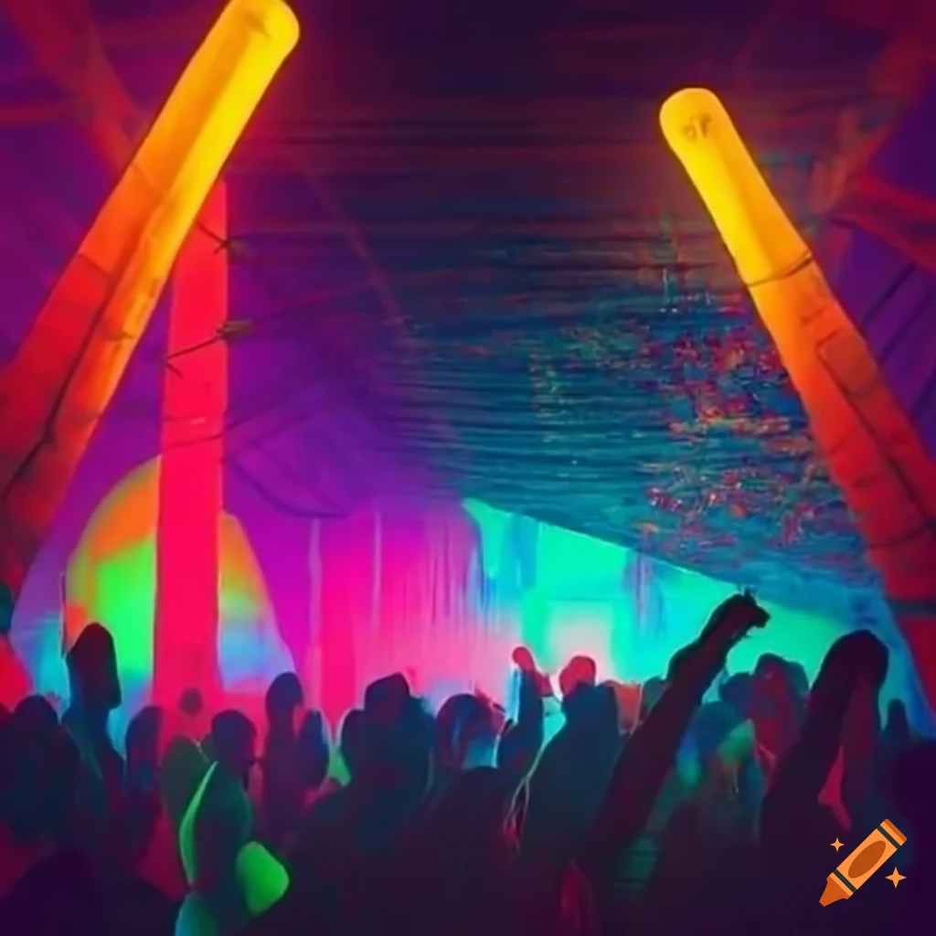Colorful lights and energetic crowd at an acid house rave
