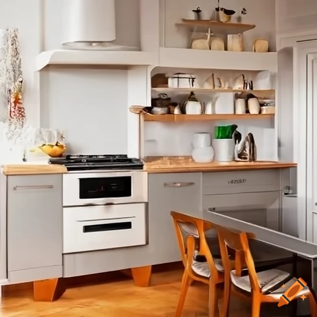 Modern kitchen with a table, electric stove, and sofa
