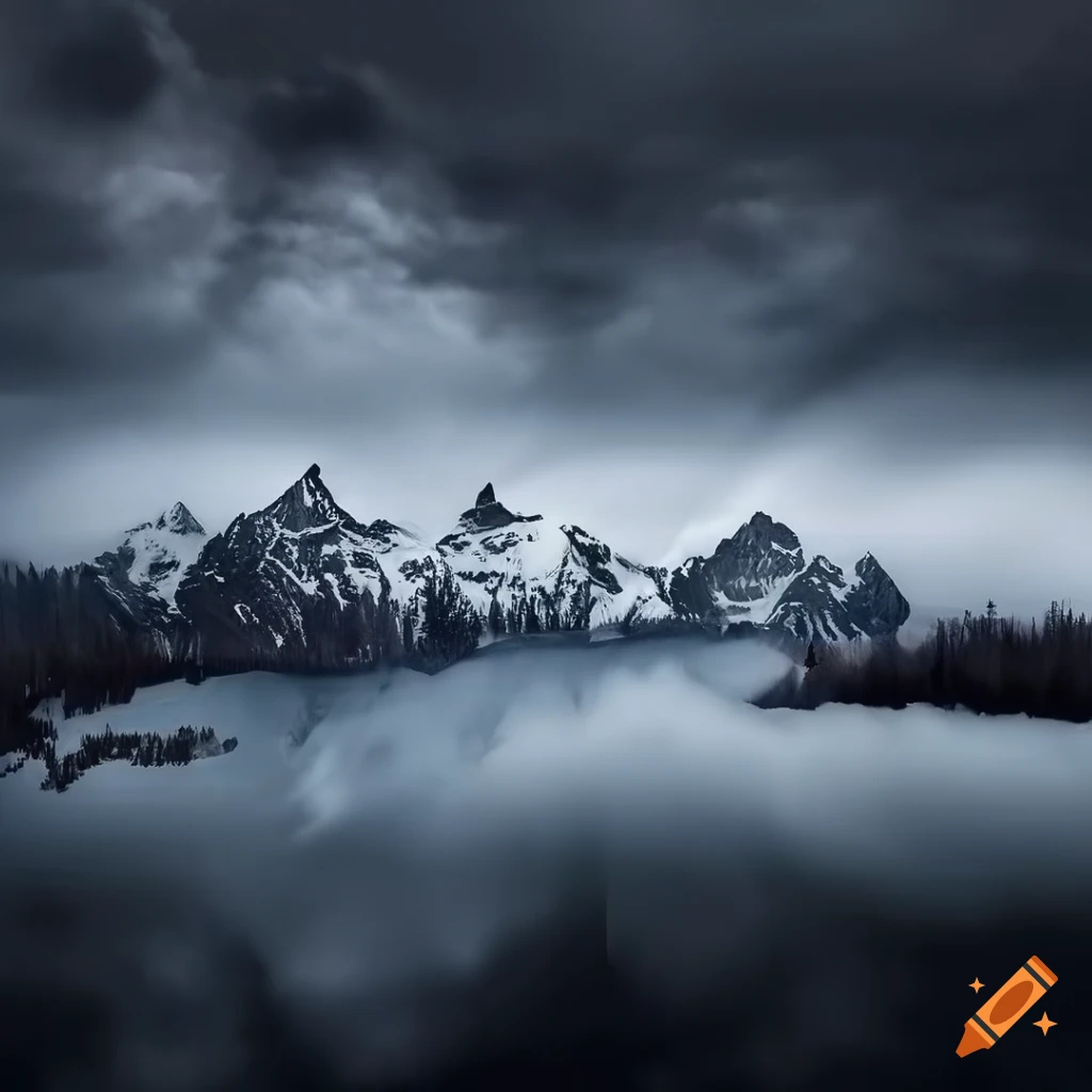 Photograph of snowy mountains and storm clouds on Craiyon