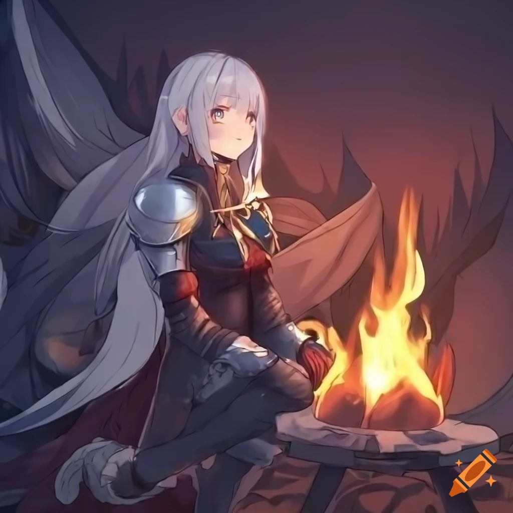 Anime-style knight and guard captain sitting by campfire on Craiyon