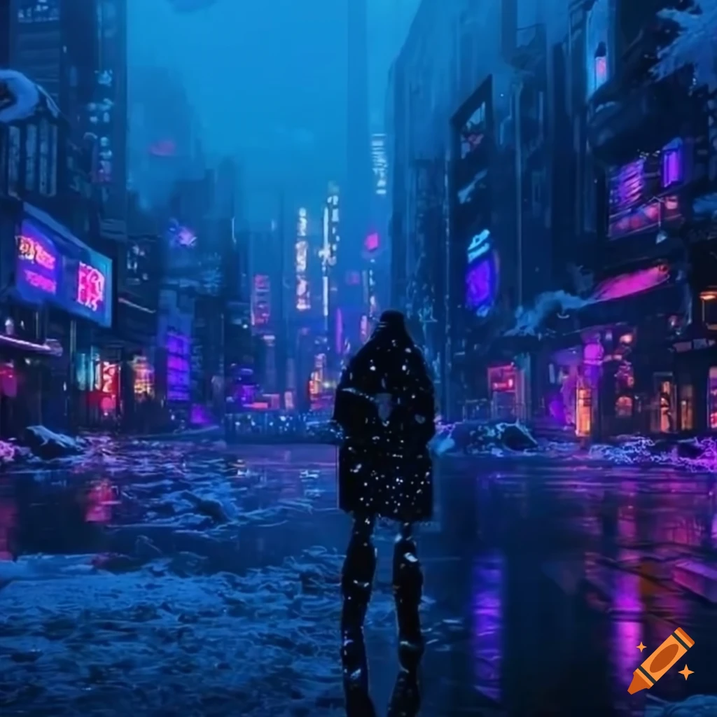 Neon cyberpunk city during snowfall