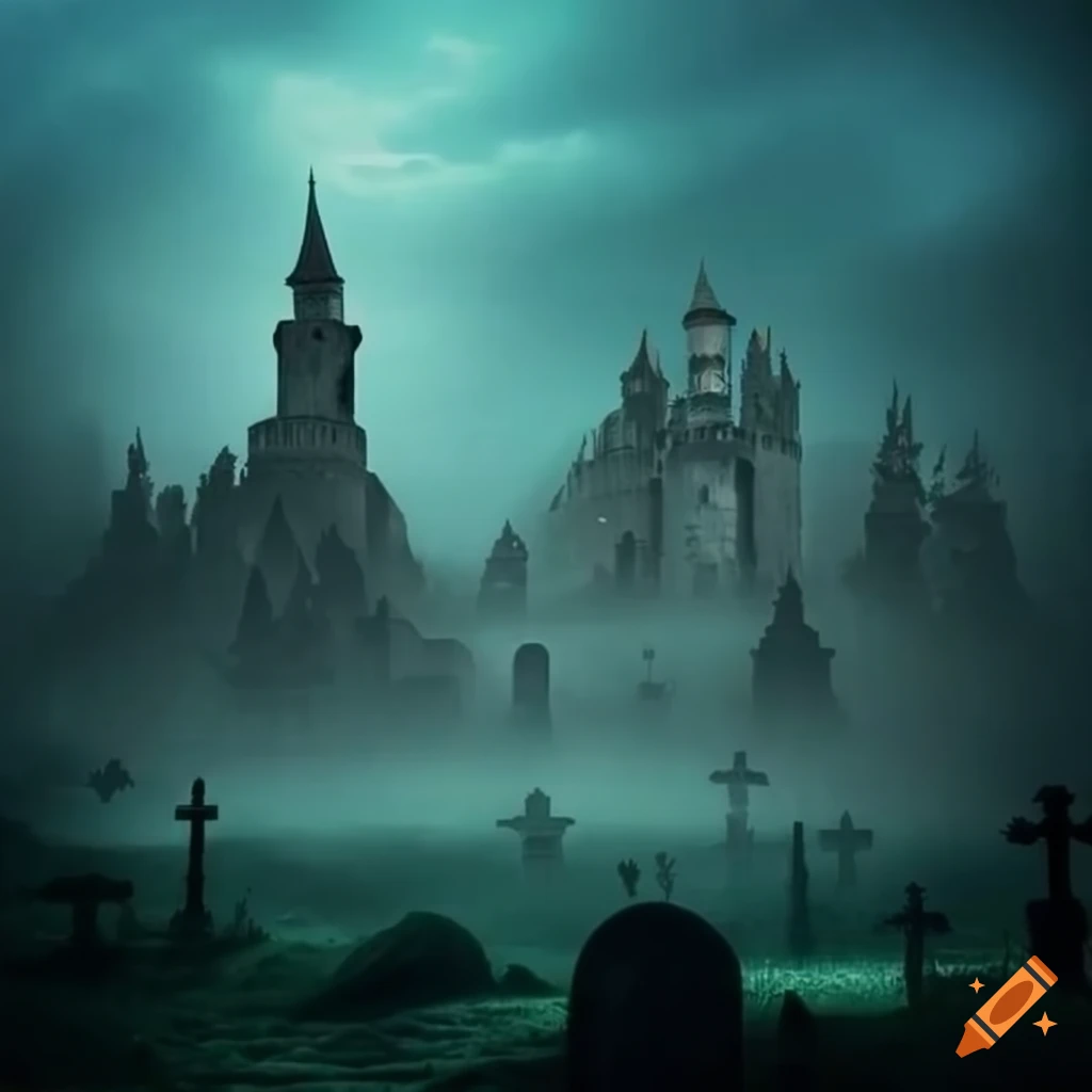 Sinister castle surrounded by a graveyard and gloomy forest