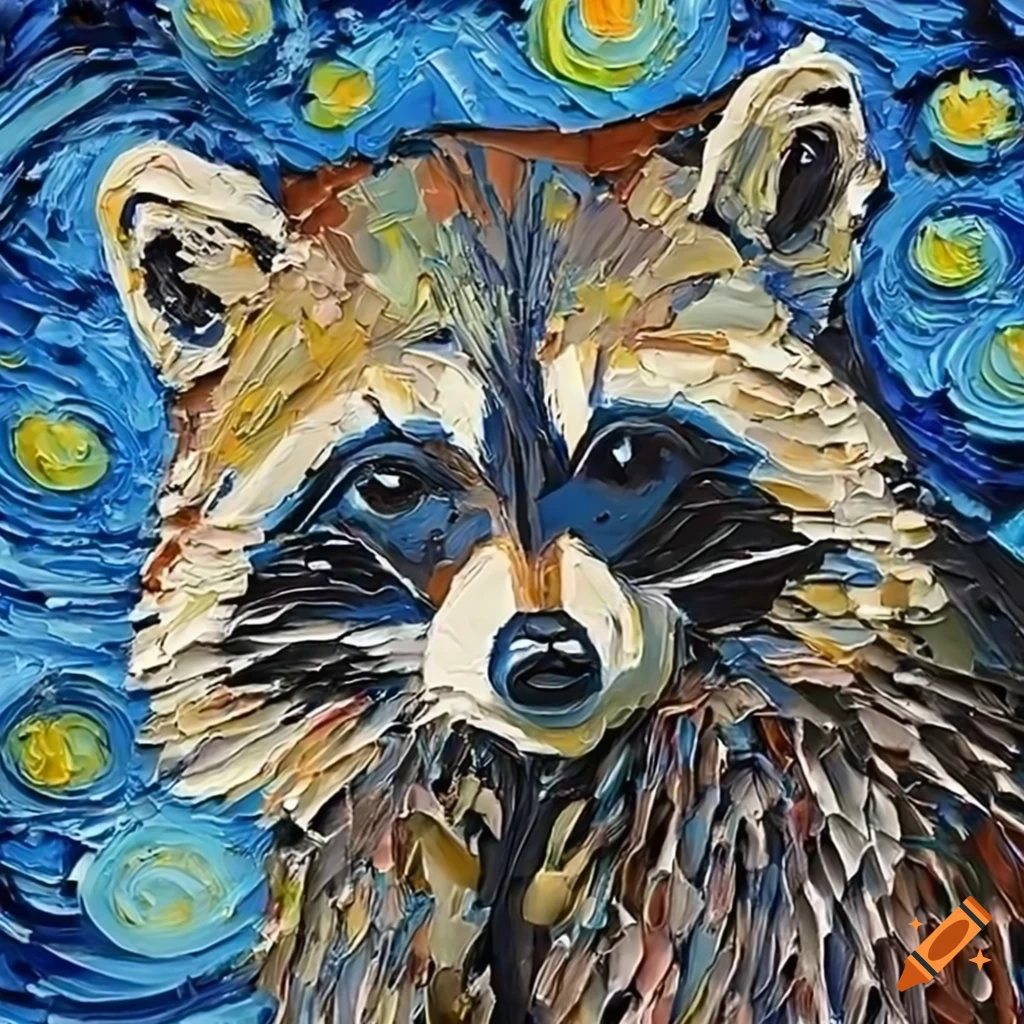 Starry night painting with a raccoon