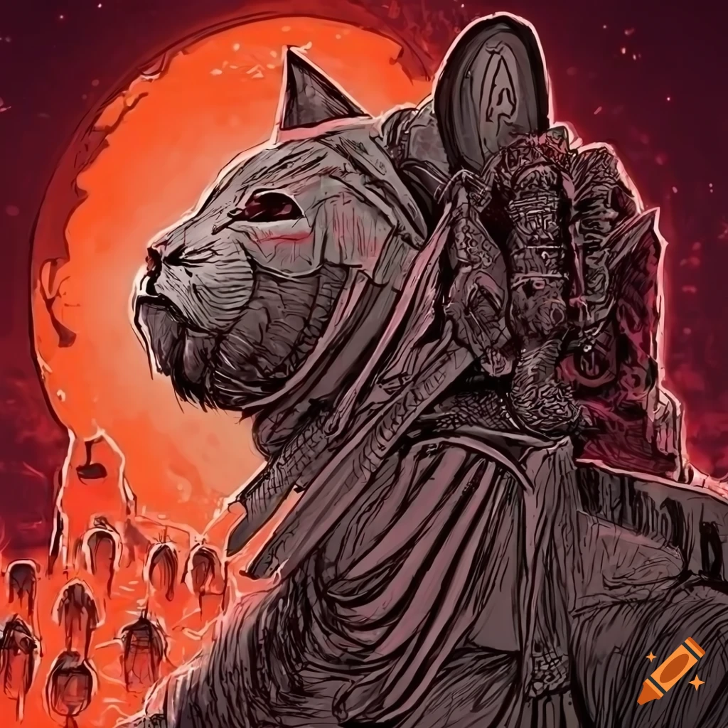 Illustration of a giant cat boss in a dark fantasy setting on Craiyon